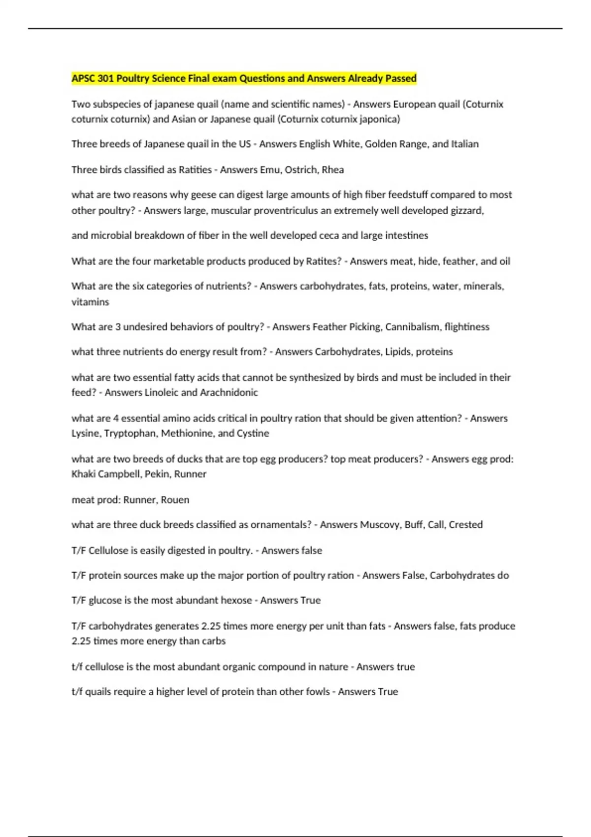 APSC 301 Poultry Science Final exam Questions and Answers Already ...