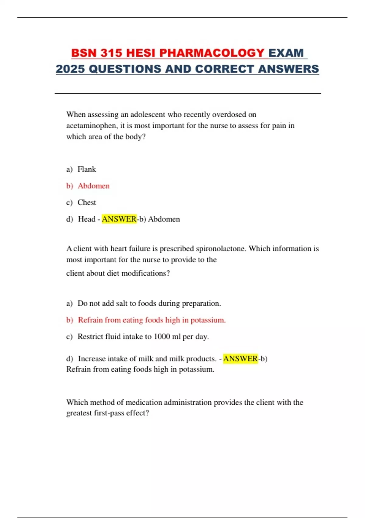 BSN 315 HESI Pharmacology Exam 2025 – Full Exam Questions with Correct ...