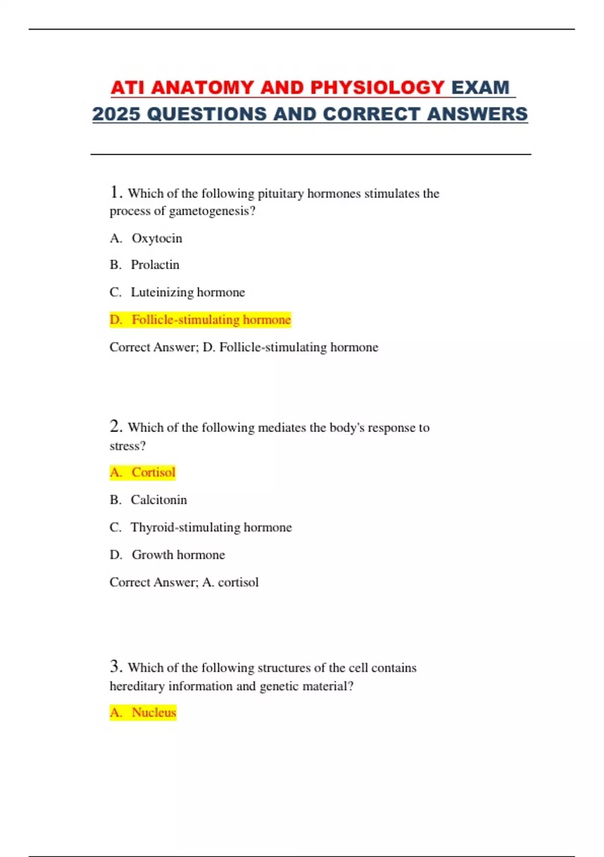 ATI Anatomy and Physiology Exam 2025 – Complete Questions with Correct ...