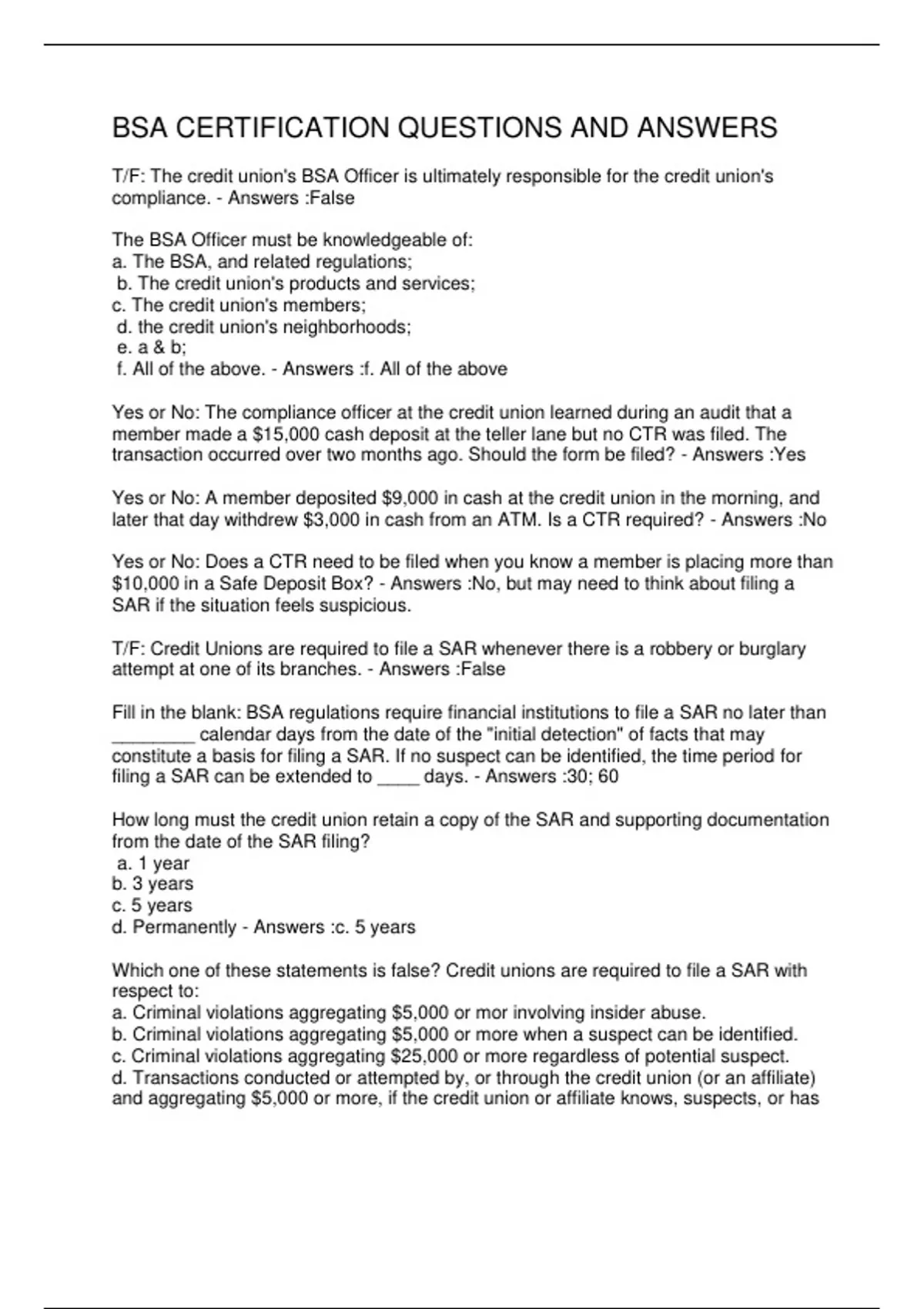 BSA CERTIFICATION QUESTIONS AND ANSWERS - BSA CERTIFICATION - Stuvia US