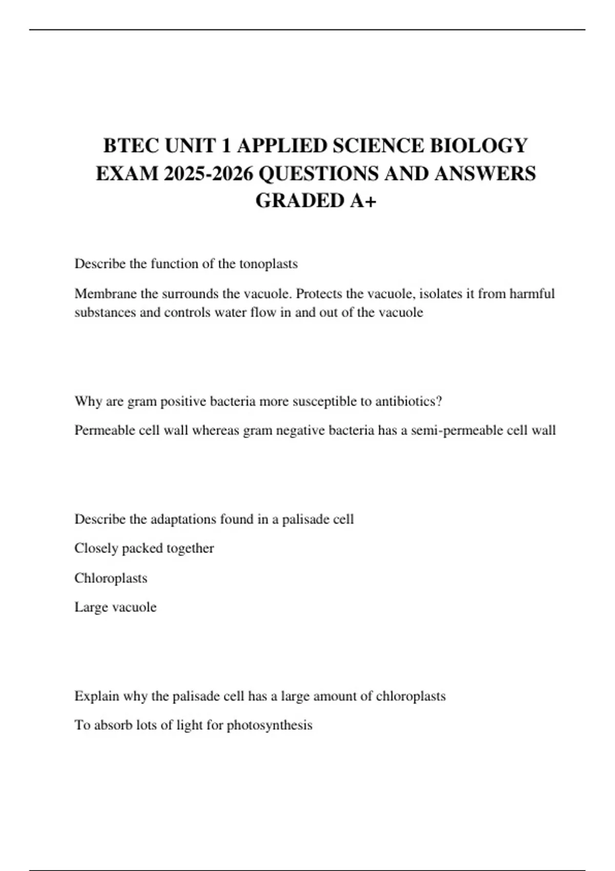 BTEC UNIT 1 APPLIED SCIENCE BIOLOGY EXAM QUESTIONS AND ANSWERS GRADED ...