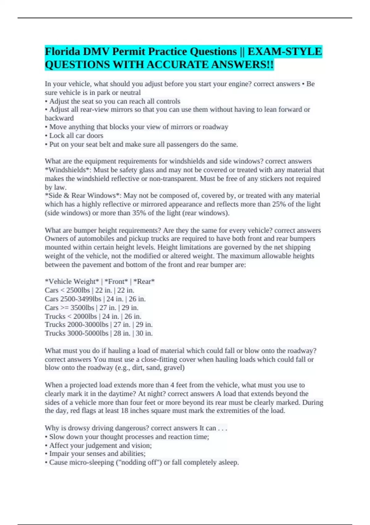 Florida DMV Permit Practice Questions || EXAM-STYLE QUESTIONS WITH ACCURATE ANSWERS!! - Florida ...