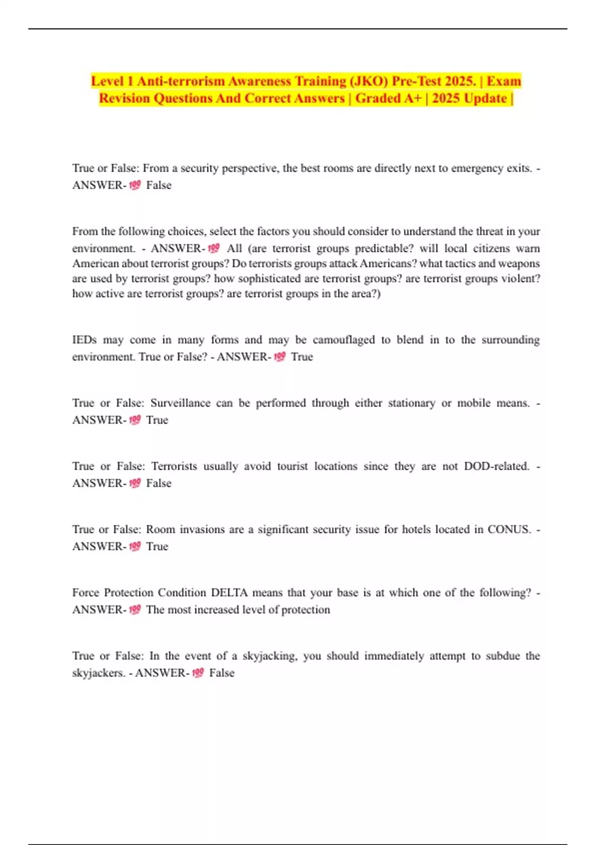 Level 1 Anti-terrorism Awareness Training (JKO) Pre-Test 2025. | Exam ...