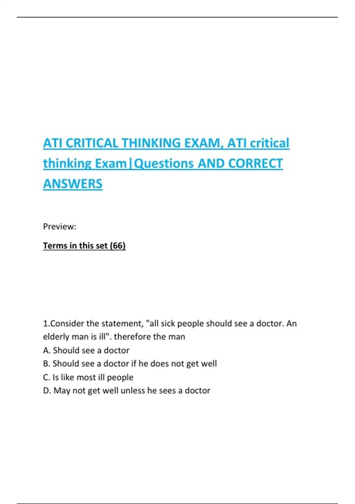 ATI CRITICAL THINKING EXAM, ATI critical thinking Exam|Questions AND ...