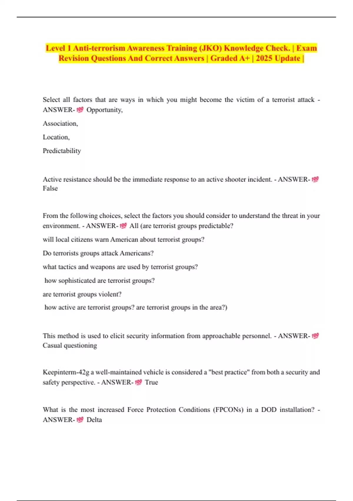 Level 1 Anti-terrorism Awareness Training (JKO) Knowledge Check. | Exam ...