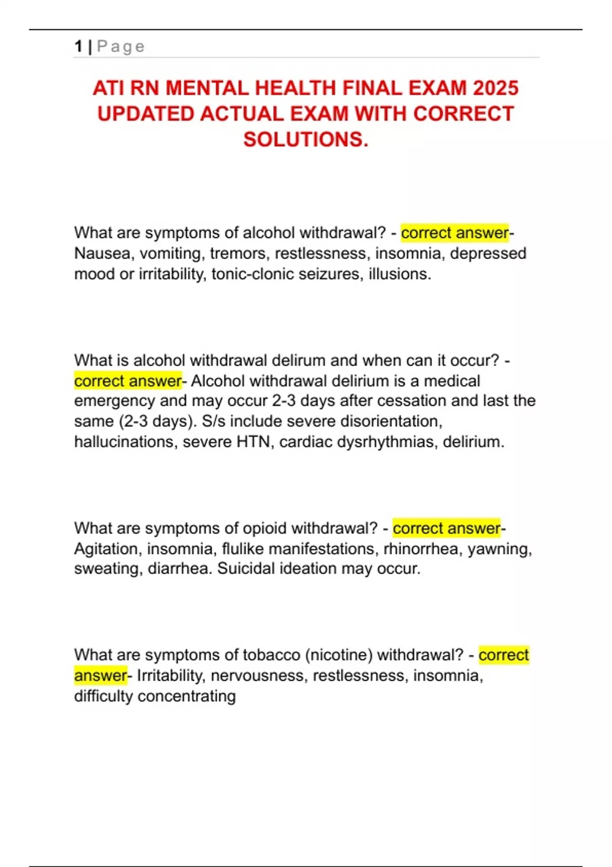 ATI RN Mental Health Final Exam (2025 Edition) – Complete Q&A Guide with Correct Answers and ...