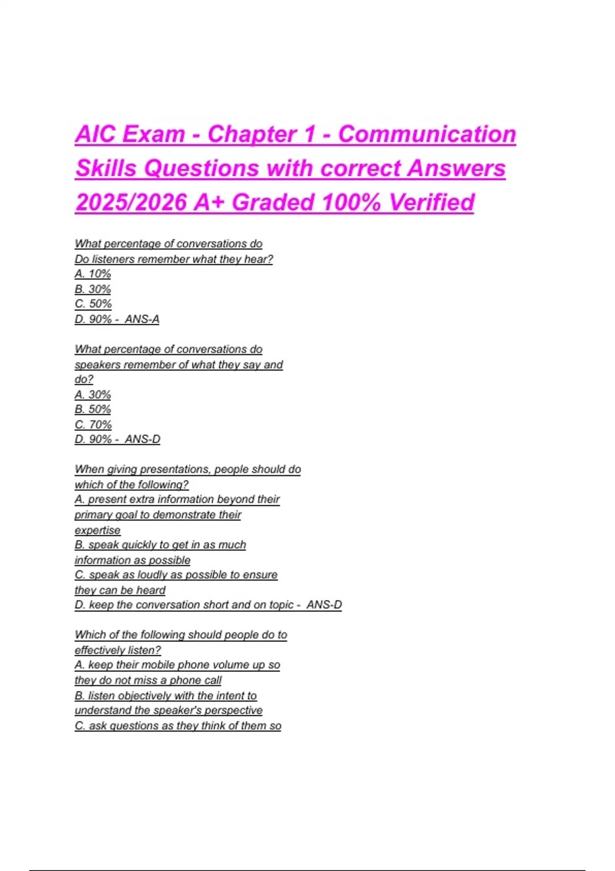 AIC Exam - Chapter 1 - Communication Skills Questions with correct Answers 2025/2026 A+ Graded ...