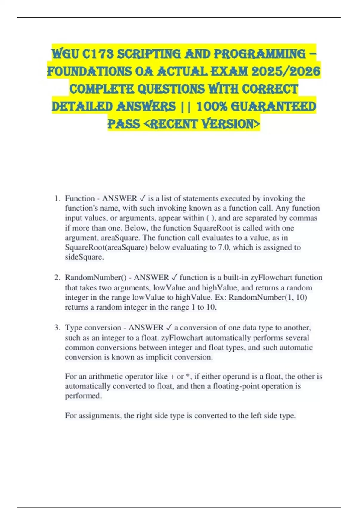 WGU C173 Scripting and Programming – Foundations OA ACTUAL EXAM 2025/ ...