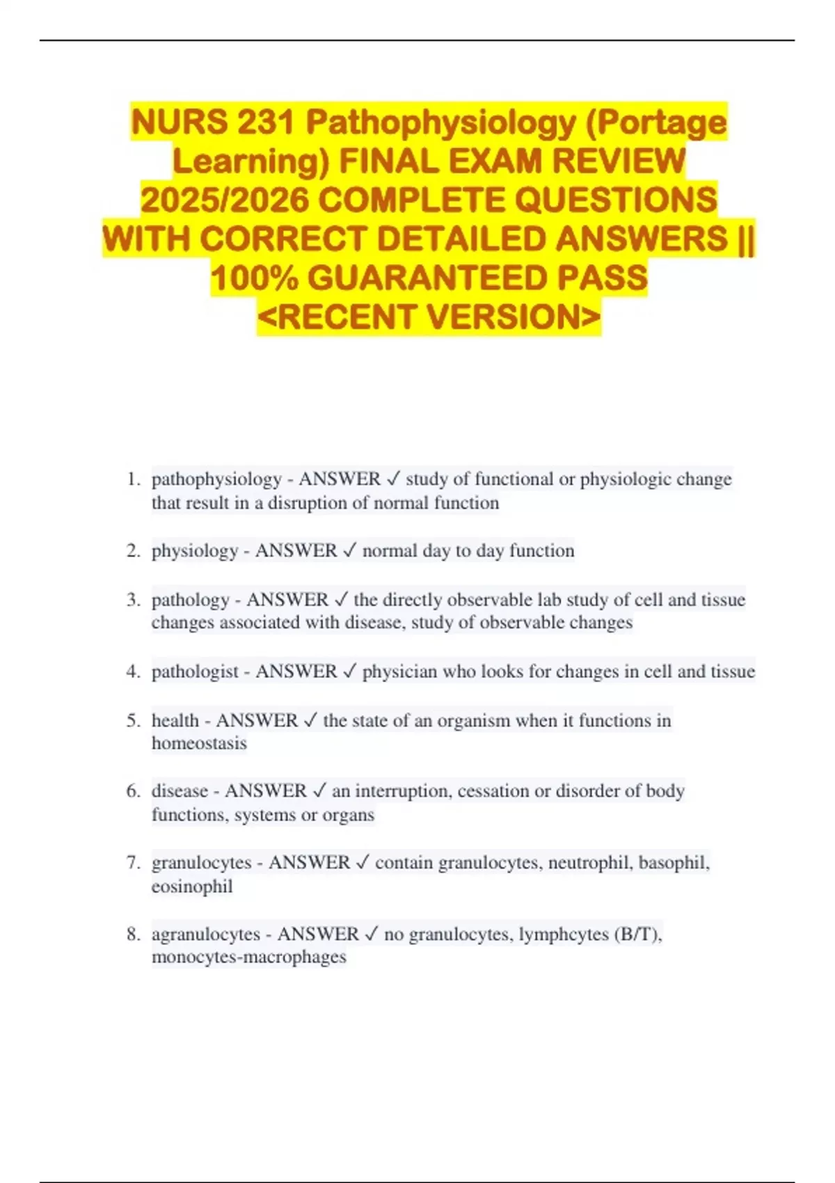 NURS 231 Pathophysiology (Portage Learning) FINAL EXAM REVIEW 2025/2026 ...
