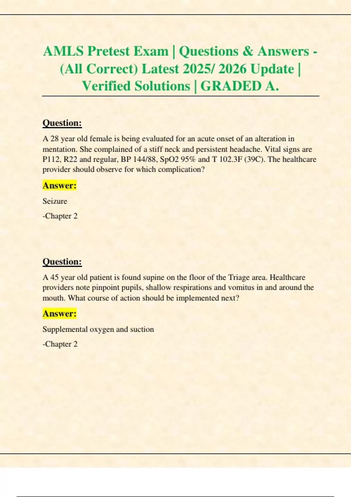AMLS (Advanced Medical Life Support) Pre Test & Post Test Exams with ...