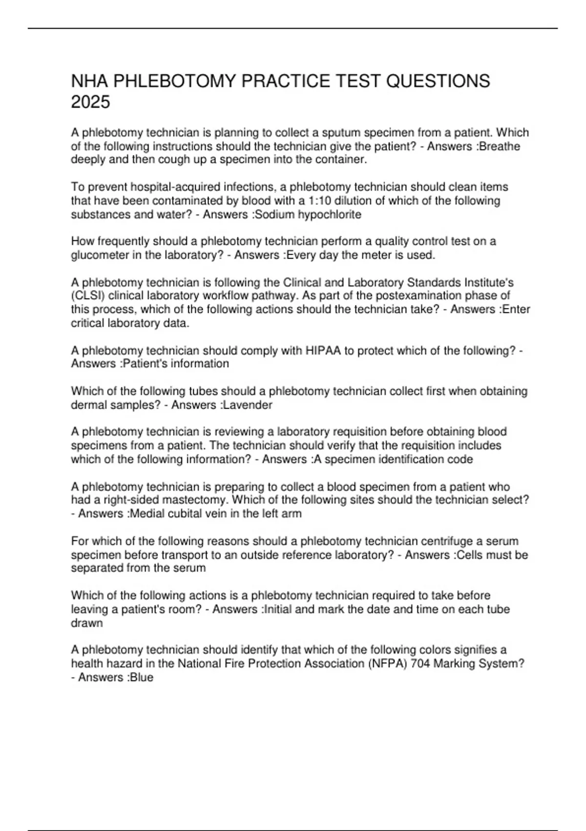 NHA PHLEBOTOMY PRACTICE TEST QUESTIONS 2025 - NHA CPT - Stuvia US