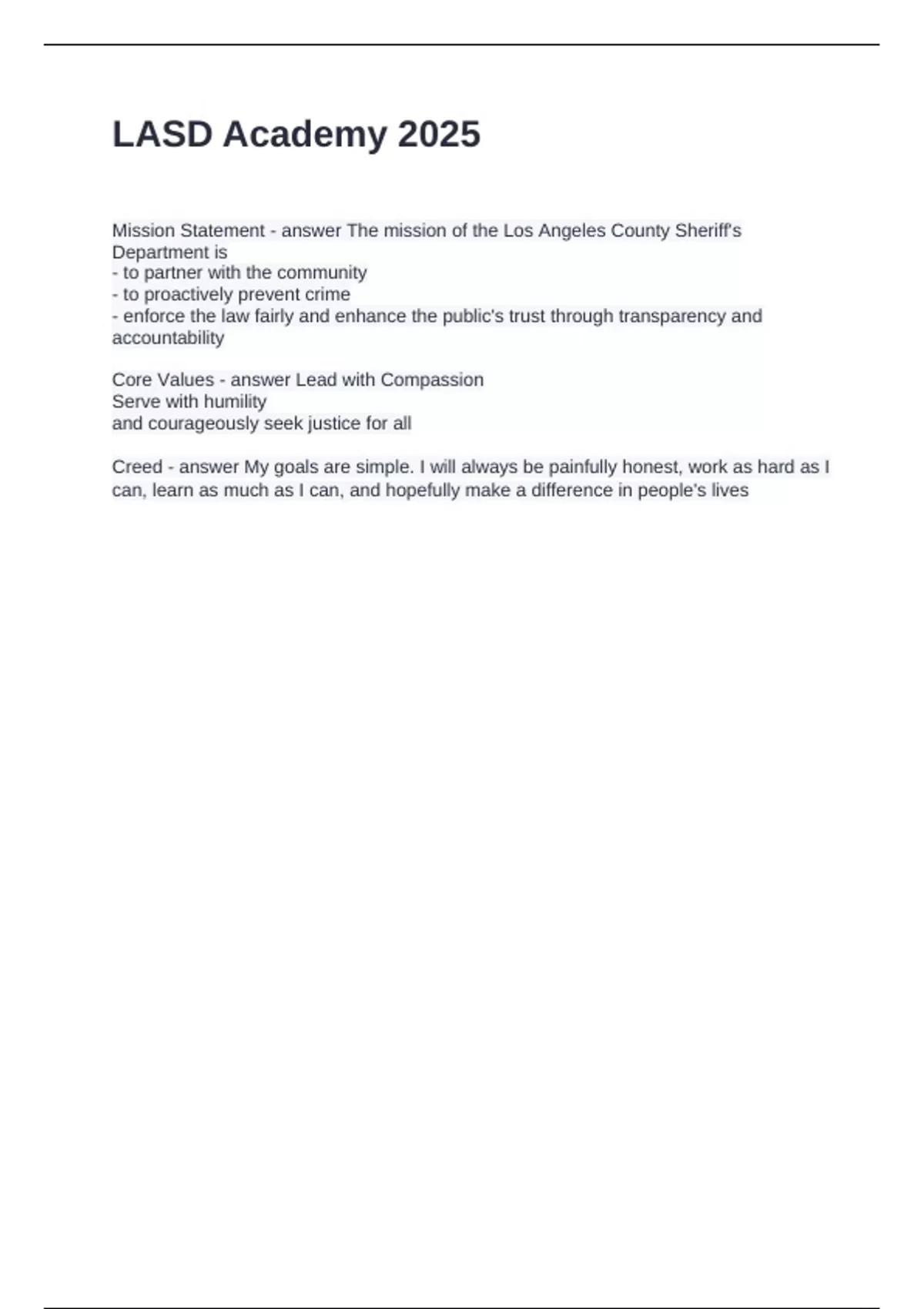 LASD Academy 2025 Questions and Answers 2025 - Lasd - Stuvia US