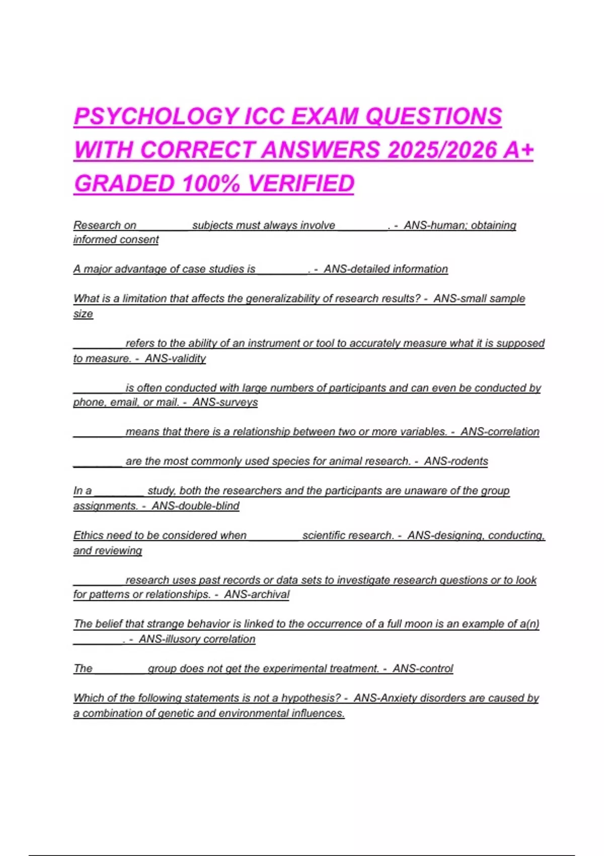 PSYCHOLOGY ICC EXAM QUESTIONS WITH CORRECT ANSWERS 2025/2026 A+ GRADED ...