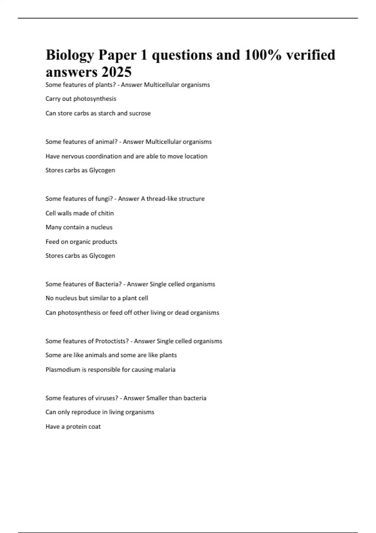 Biology Paper 1 questions and 100% verified answers 2025 - Biology ...