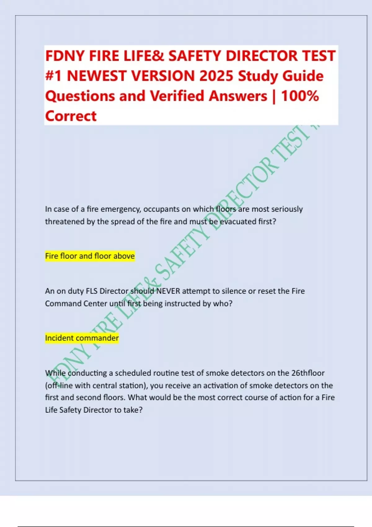 FDNY FIRE LIFE& SAFETY DIRECTOR TEST #1 NEWEST VERSION 2025 Study Guide ...