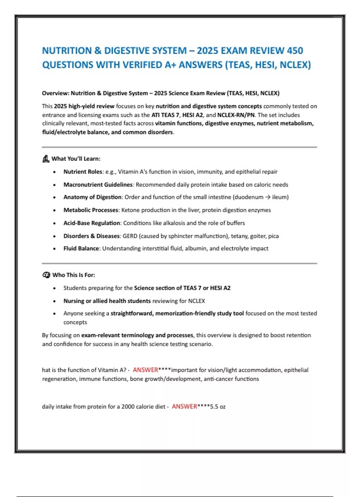 NUTRITION & DIGESTIVE SYSTEM – 2025 EXAM REVIEW 450 QUESTIONS WITH ...