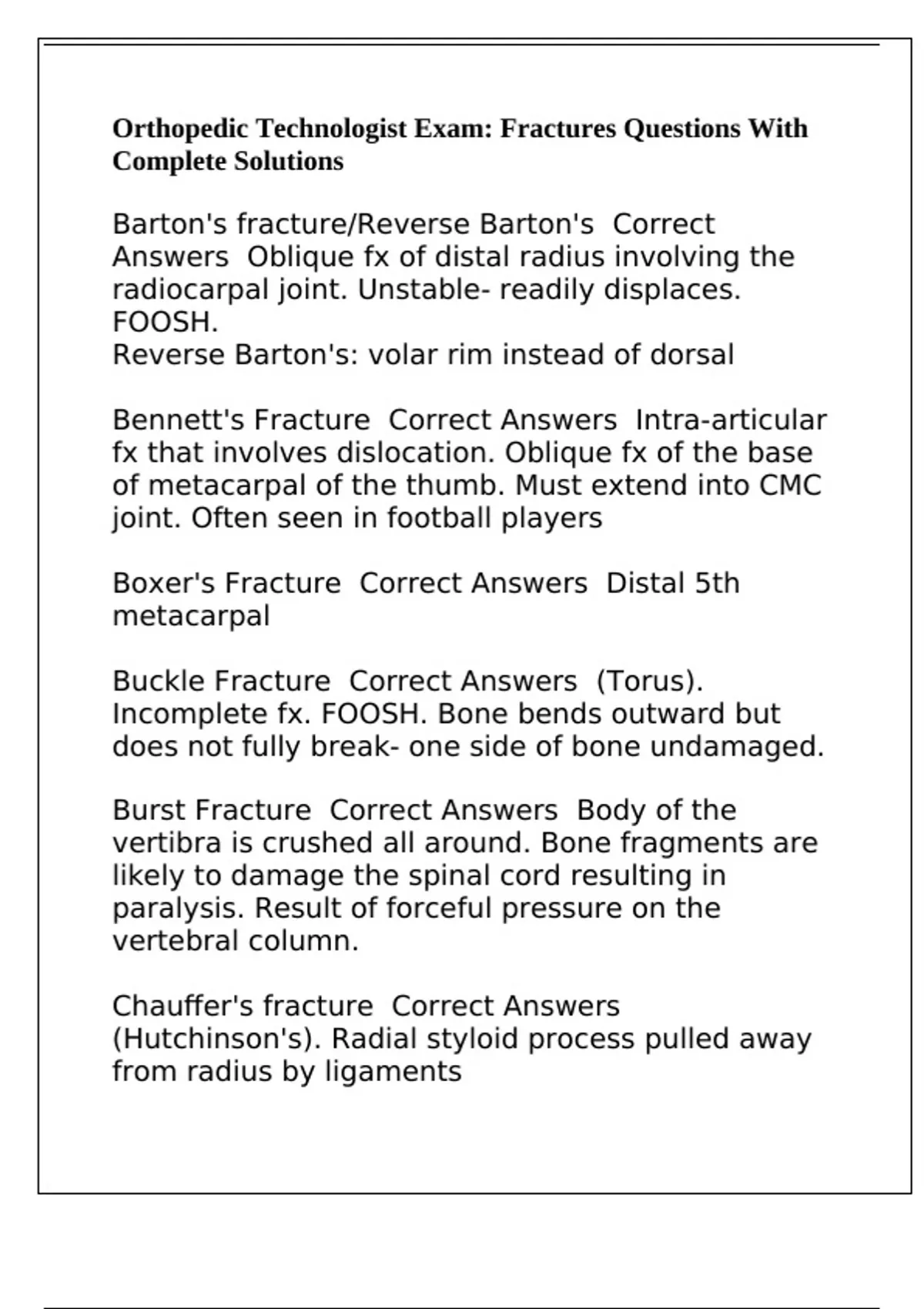 Orthopedic Technologist Exam: Fractures Questions With Complete ...