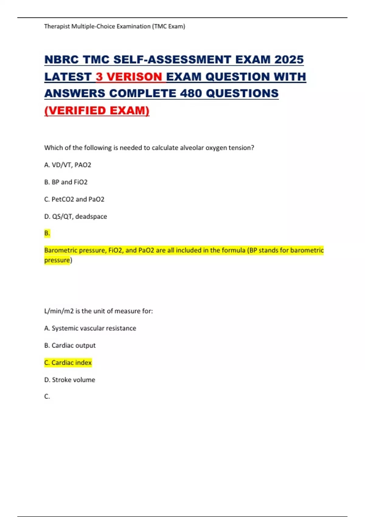 NBRC TMC SELF-ASSESSMENT EXAM 2025 LATEST 3 VERISON EXAM QUESTION WITH ...