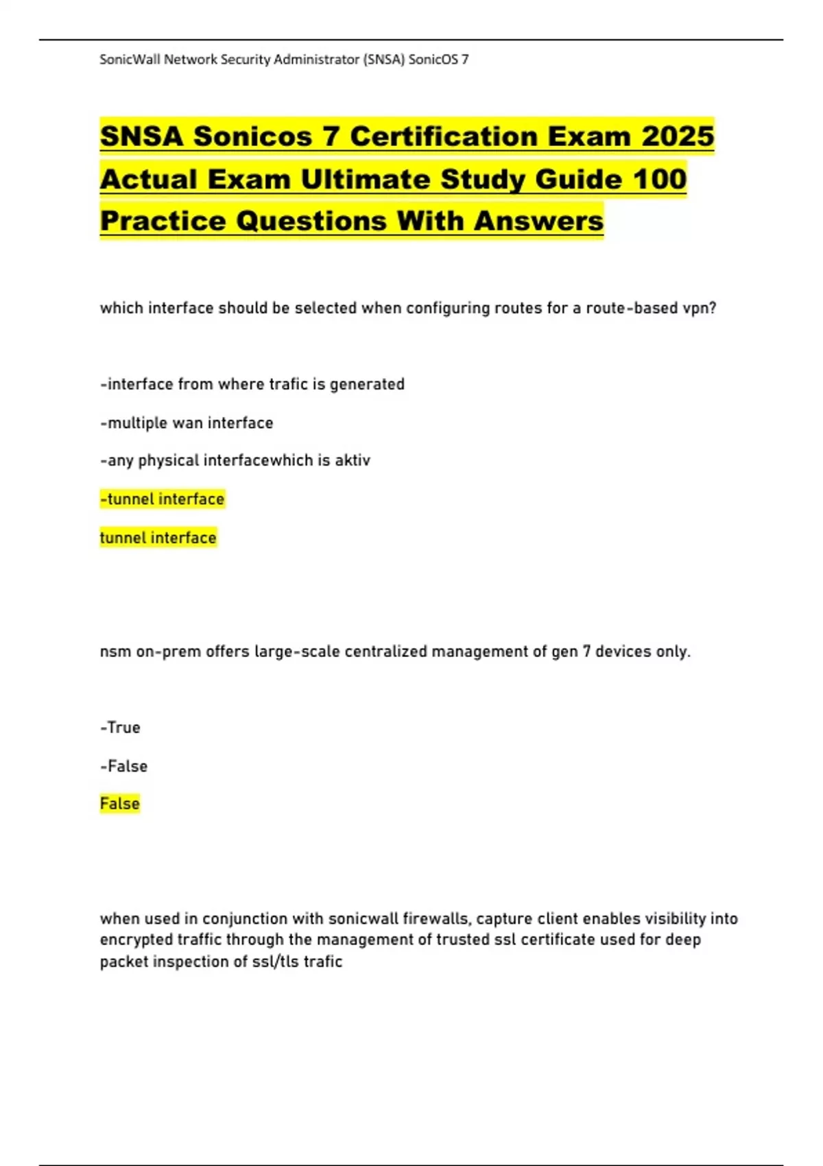 SNSA Sonicos 7 Certification Exam 2025 Actual Exam Ultimate Study Guide ...