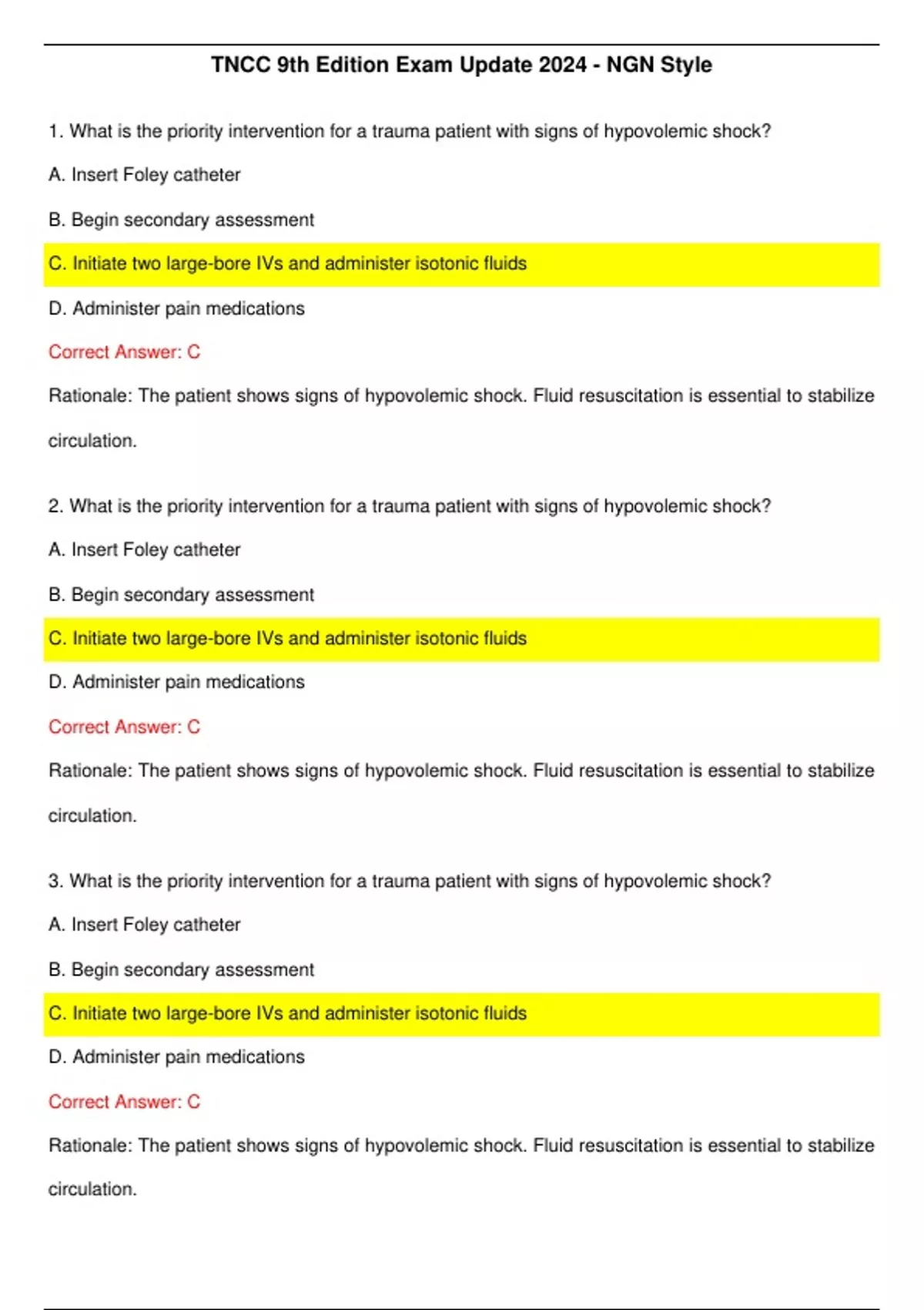 TNCC 9th Edition 2024: 100 NGN-Style Trauma Nursing Questions with ...