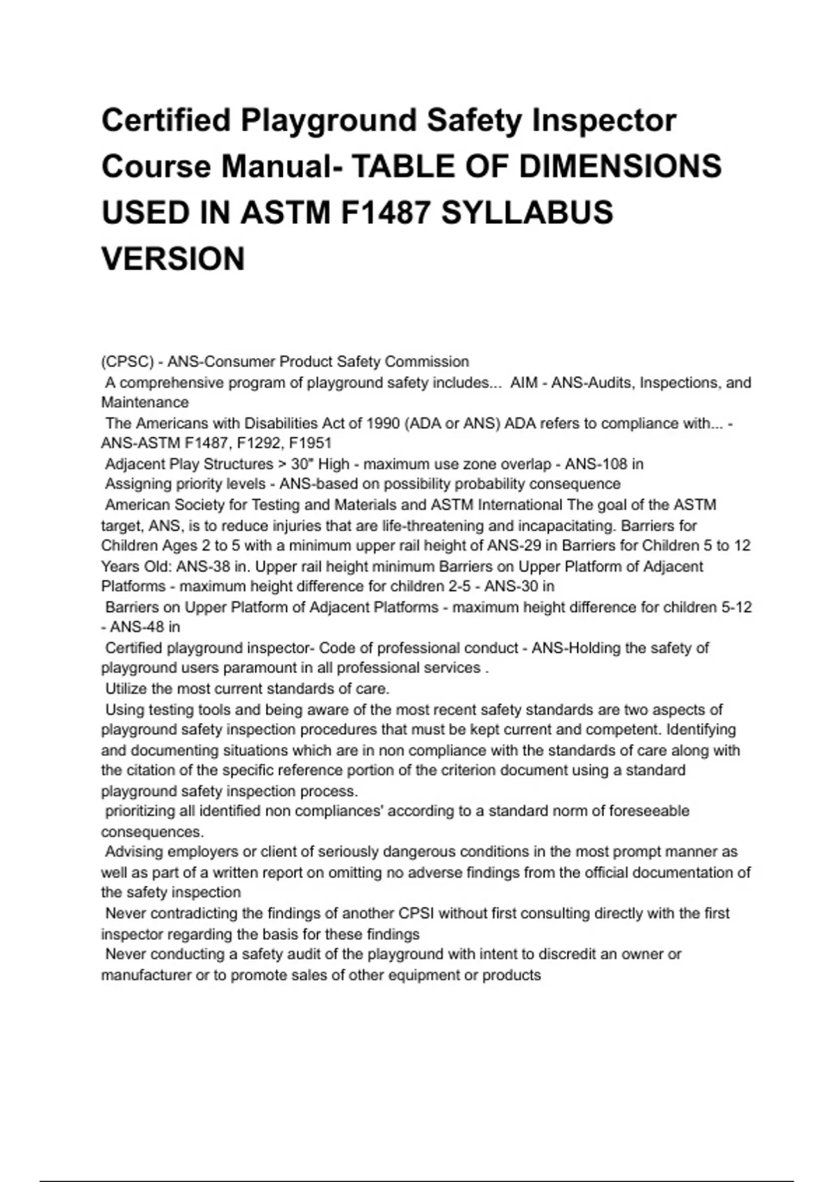 Certified Playground Safety Inspector Course Manual- TABLE OF DIMENSIONS USED IN ASTM F1487 ...