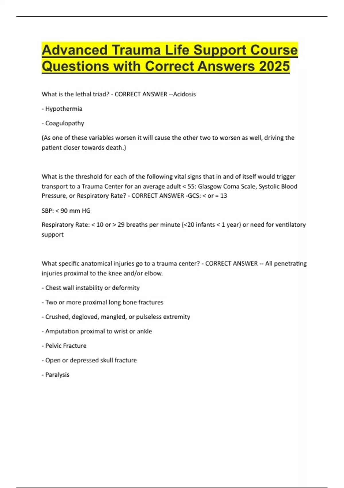 Advanced Trauma Life Support Course Questions with Correct Answers 2025 ...