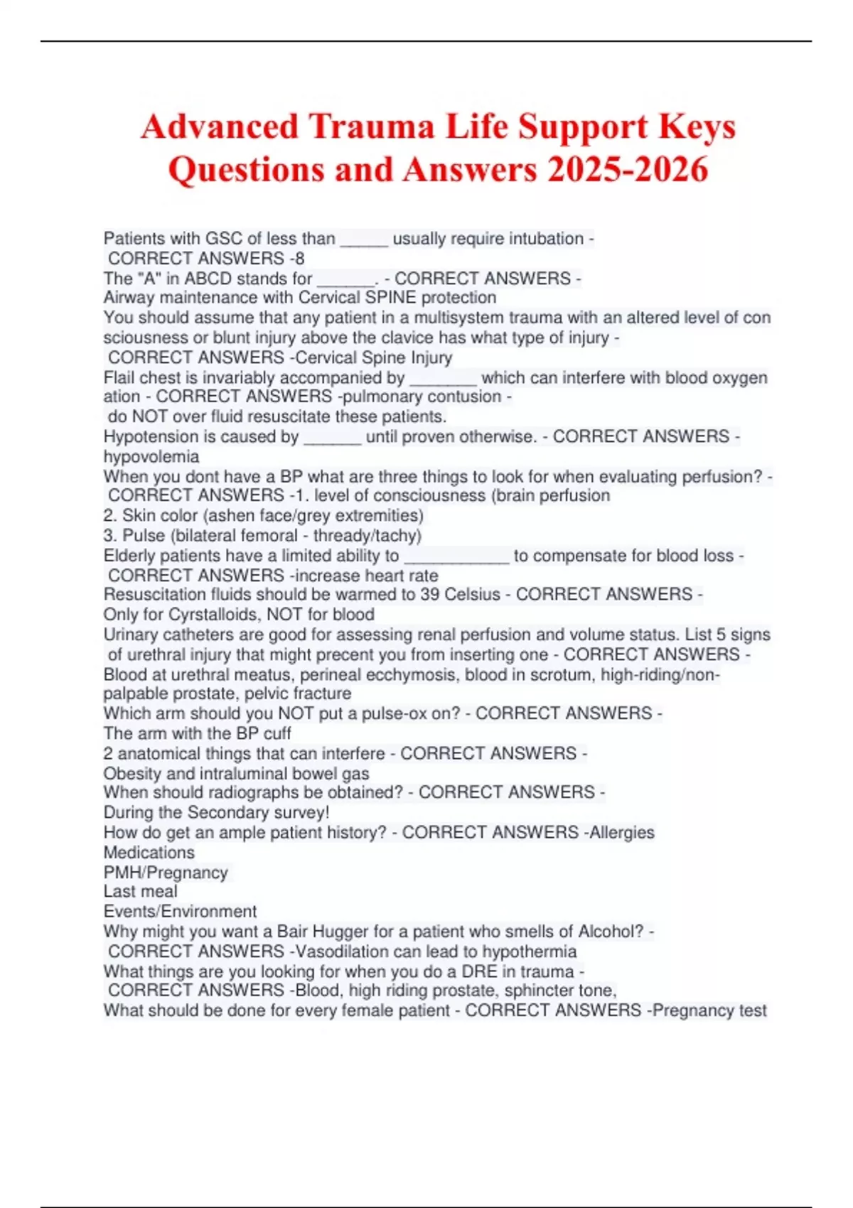 Advanced Trauma Life Support Keys Questions and Answers - ADVANCED ...