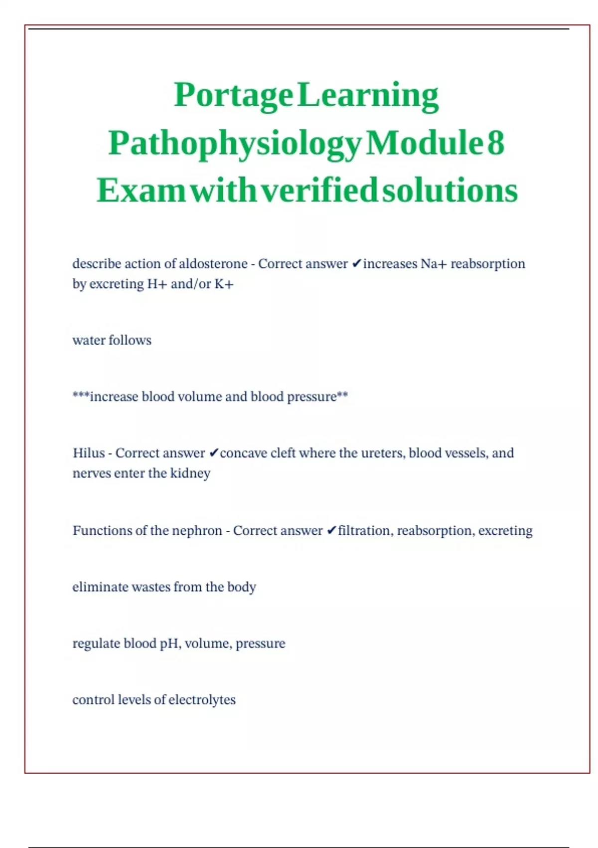 Portage Learning Pathophysiology Module 8 Exam with verified solutions ...