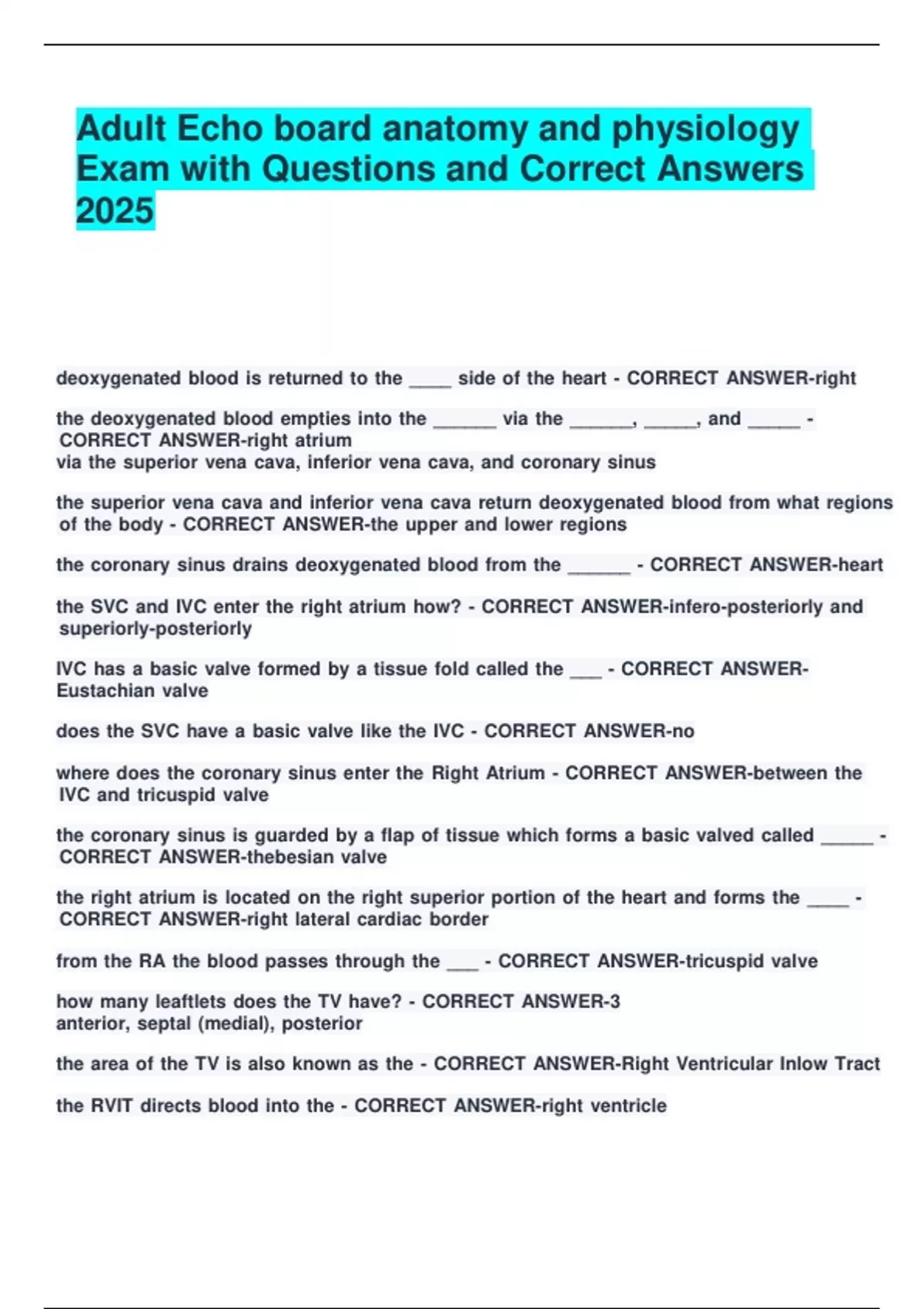 Adult Echo board anatomy and physiology Exam with Questions and Correct ...