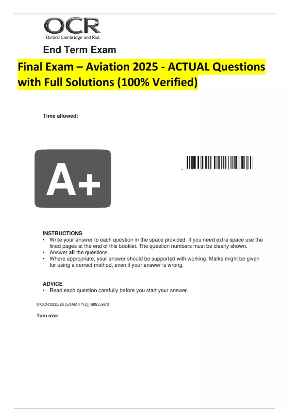 OCR Final Exam – Aviation 2025 - ACTUAL Questions with Full Solutions (100- Verified) - Aviation ...