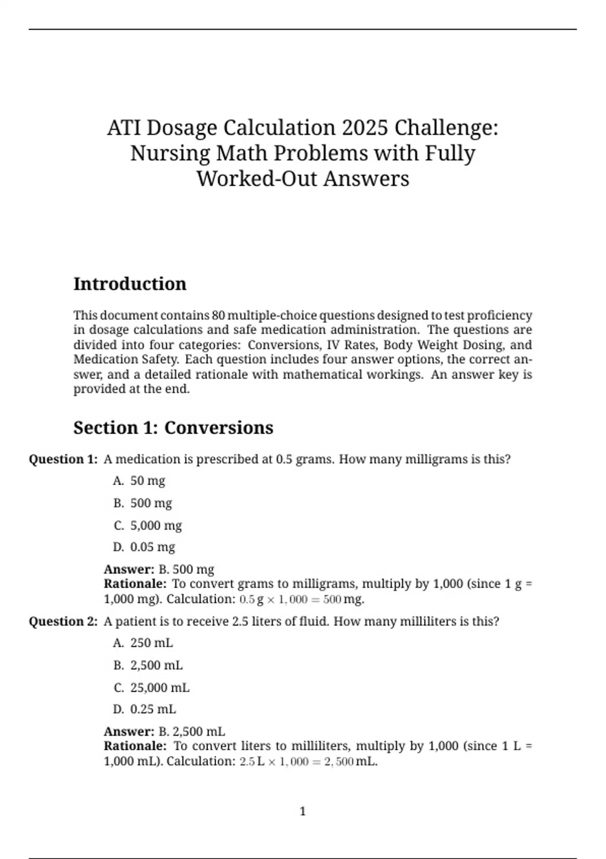 ATI Dosage Calculation 2025 Challenge: Nursing Math Problems with Fully ...