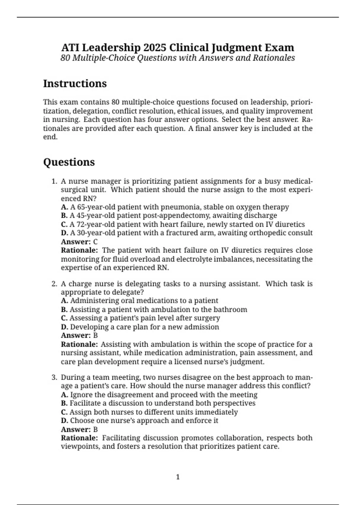 ATI Leadership 2025 Clinical Judgment Exam 80 Multiple-Choice Questions ...
