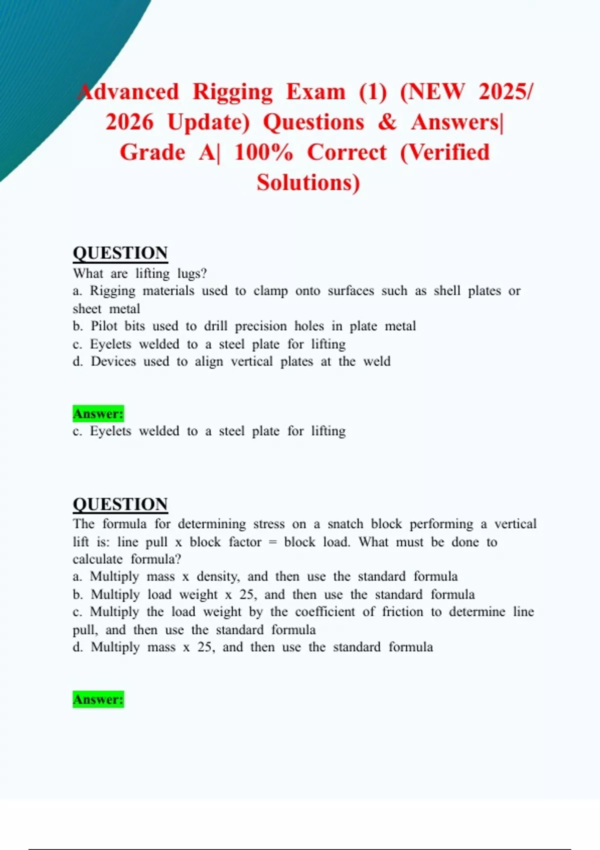Advanced Rigging Exam (1) (NEW 2025/ 2026 Update) Questions & Answers ...