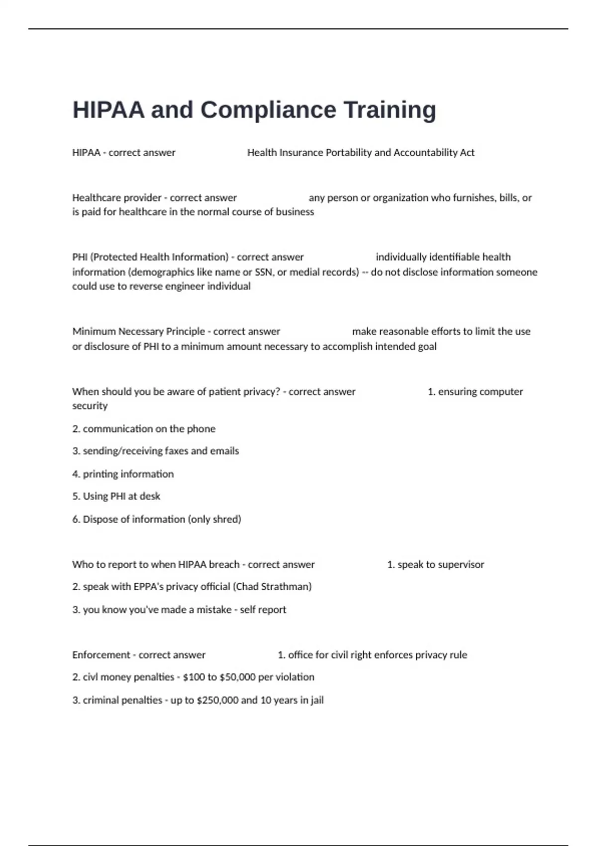 HIPAA and Compliance Training Proctored Exam Complete Questions And 100 ...