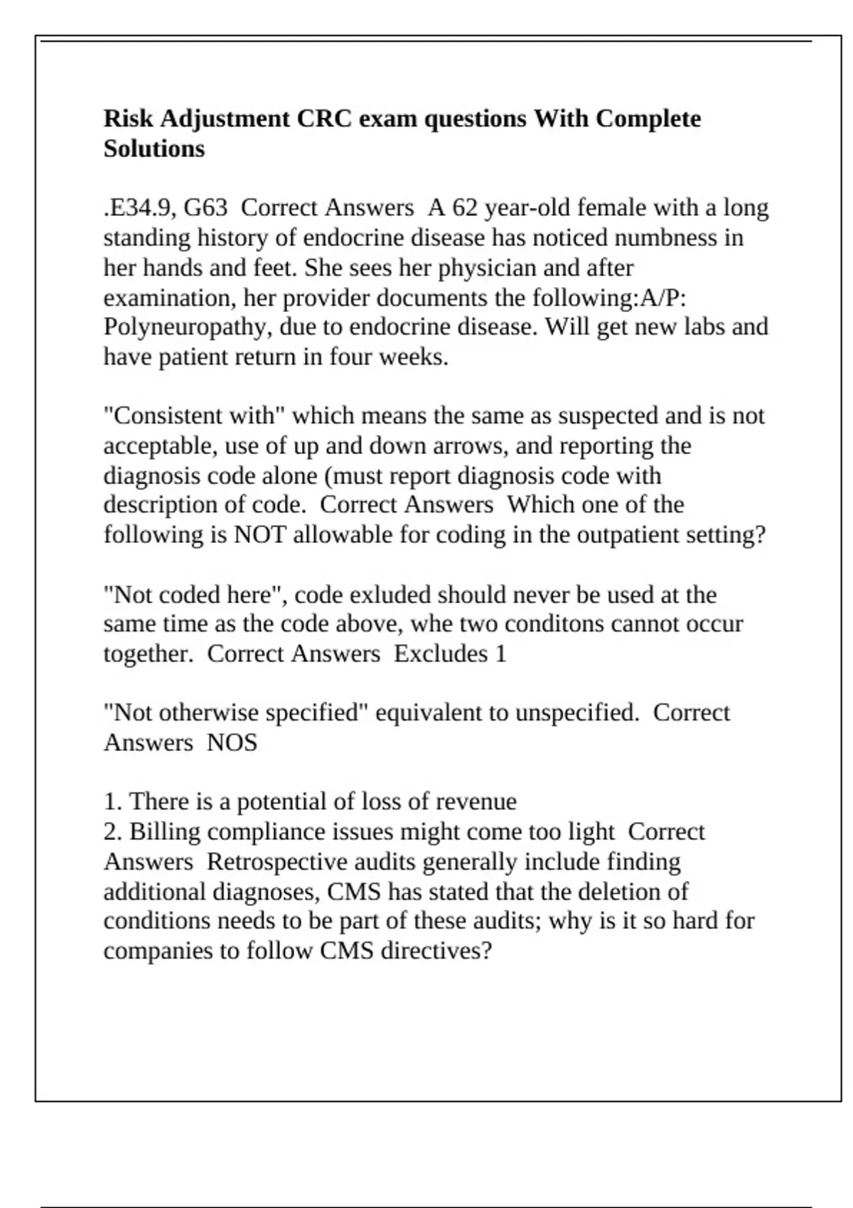 Risk Adjustment CRC exam questions With Complete Solutions - Crc ...