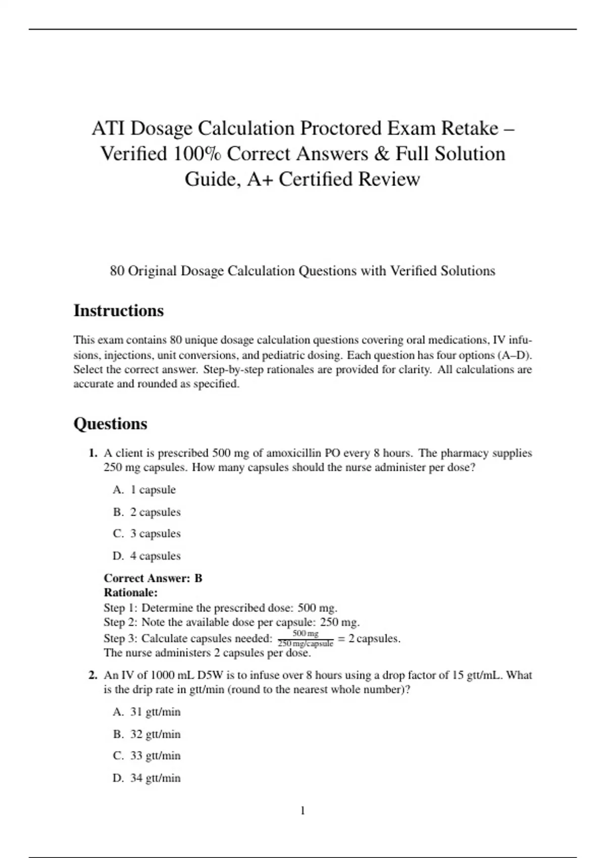 ATI Dosage Calculation Proctored Exam Retake – Verified 100% Correct ...