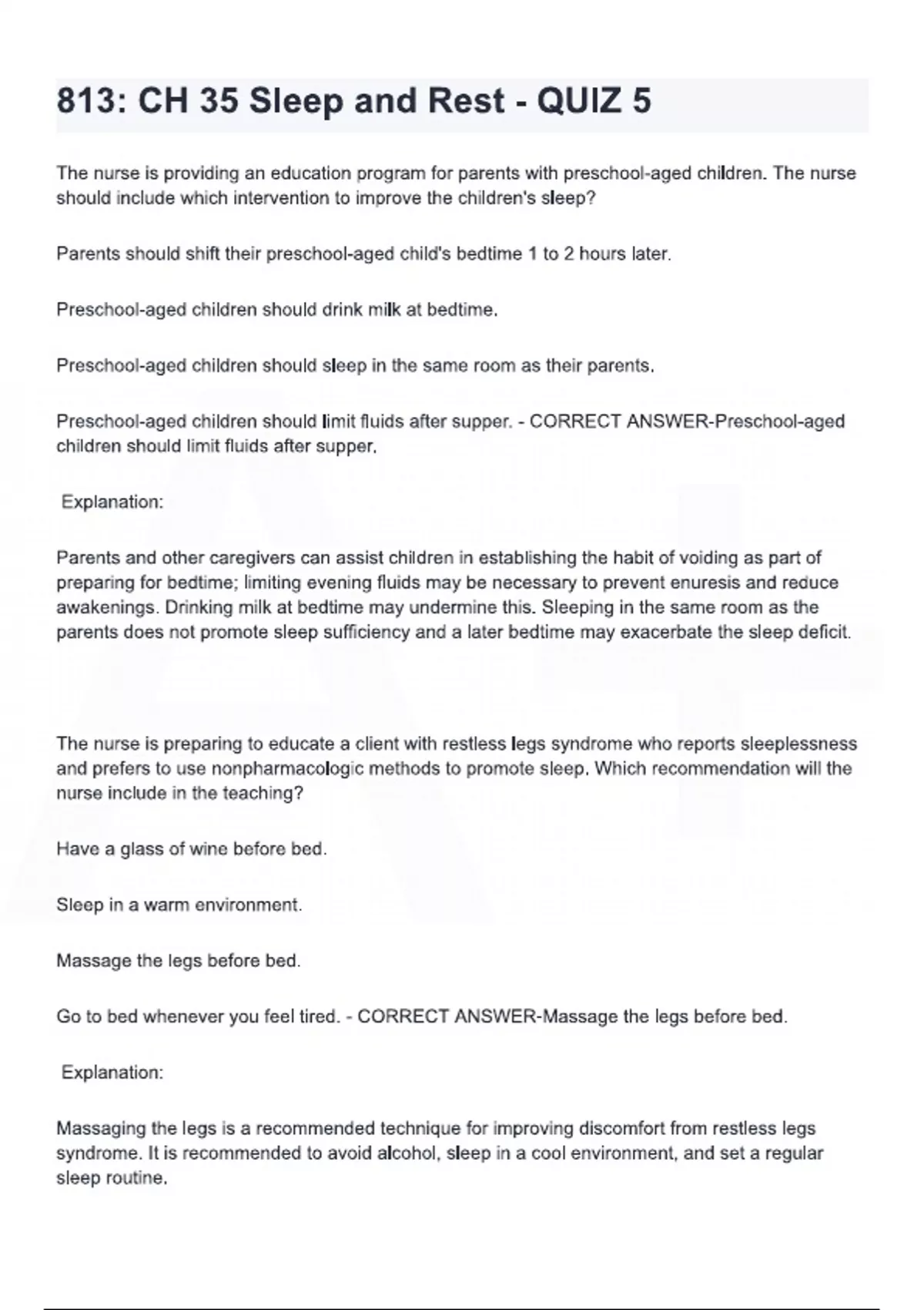 813CH 35 Sleep and Rest - QUIZ 5 QUESTIONS AND ANSWERS: {LATEST 2025/ ...