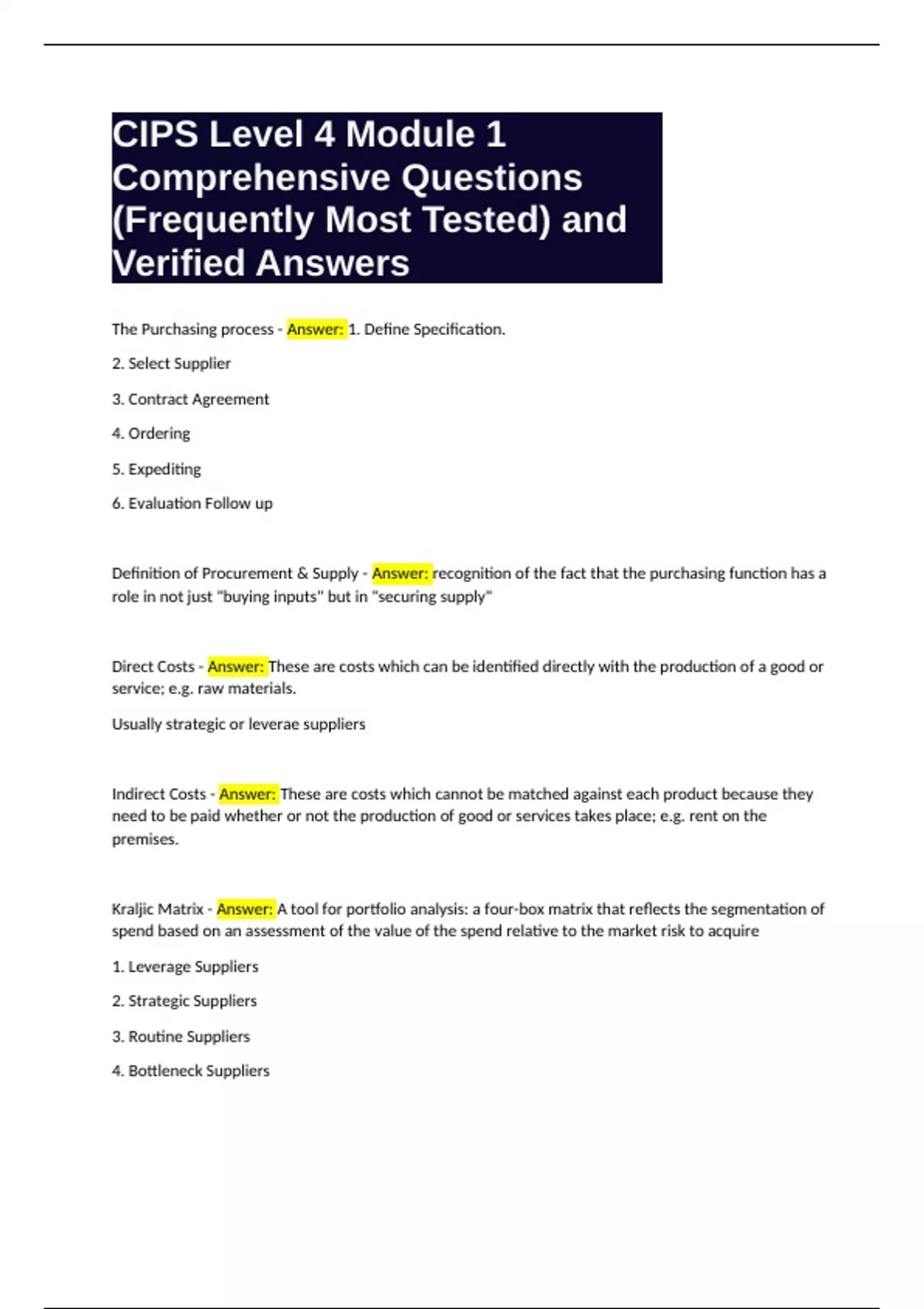 CIPS Level 4 Module 1 Comprehensive Questions (Frequently Most Tested ...