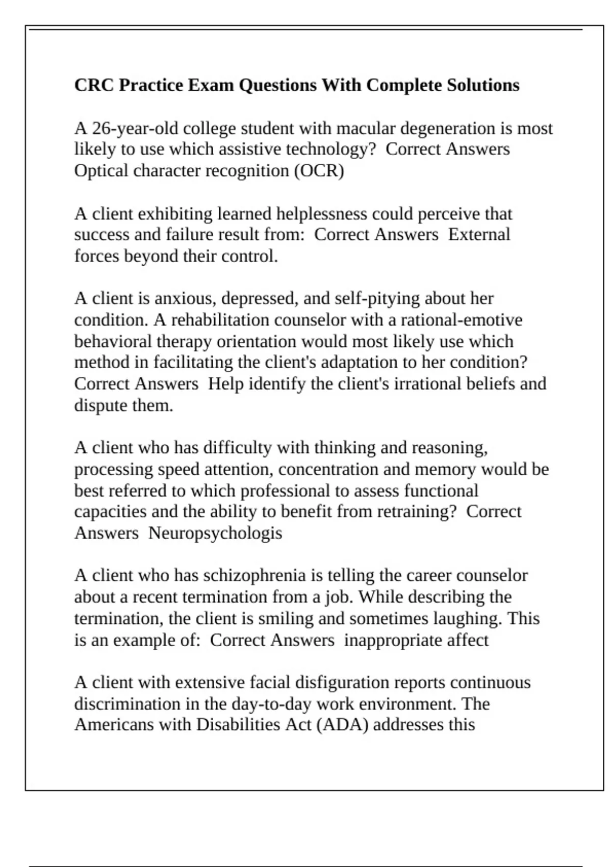 CRC Practice Exam Questions With Complete Solutions - Crc - Stuvia US