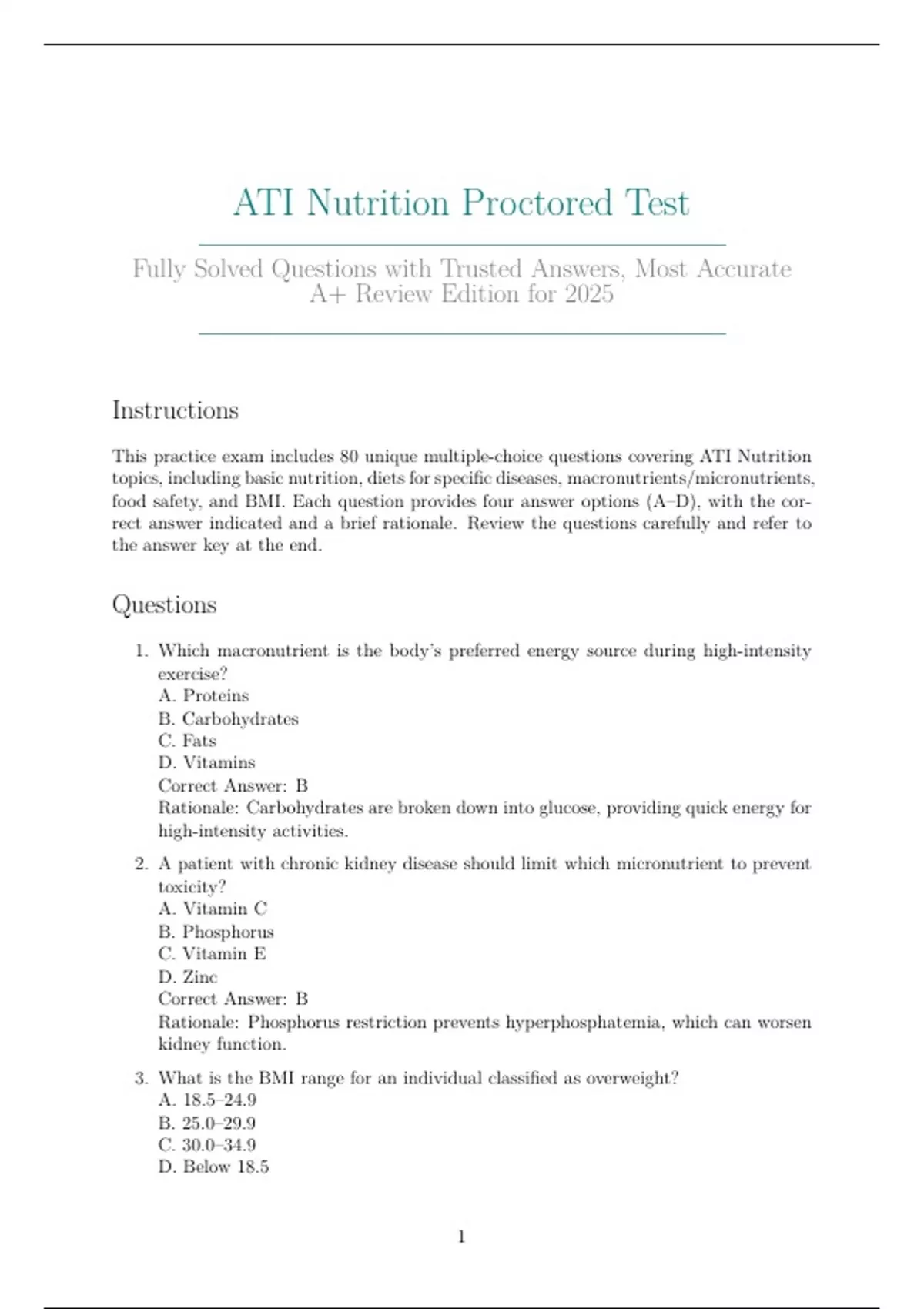 ATI Nutrition Proctored Test – Fully Solved Questions with Trusted ...