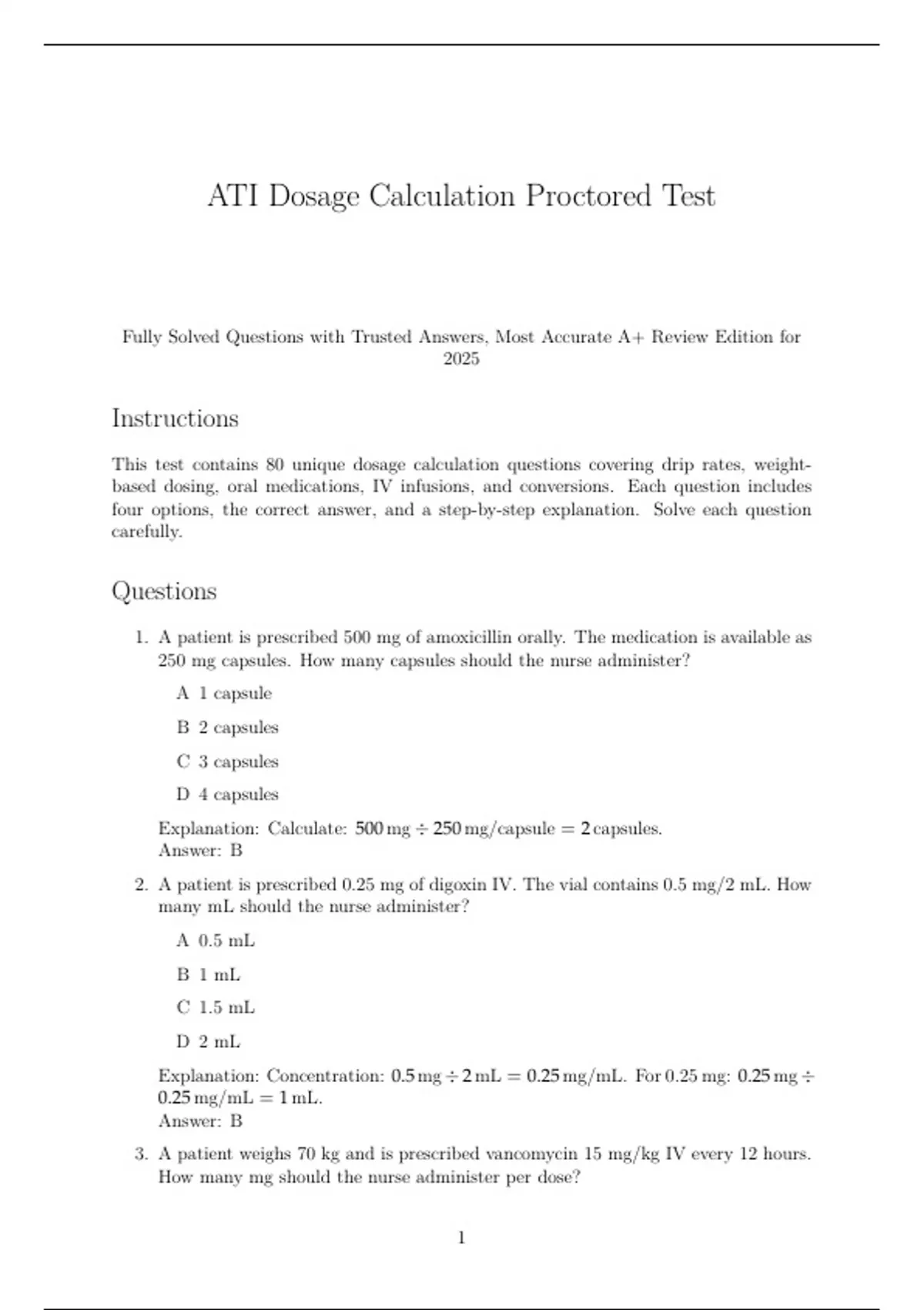 ATI Dosage Calculation Proctored Test Fully Solved Questions with ...