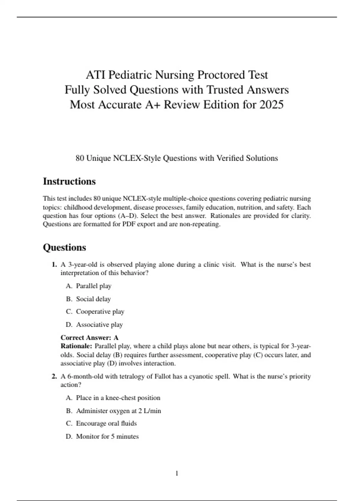ATI Pediatric Nursing Proctored Test Fully Solved Questions with ...