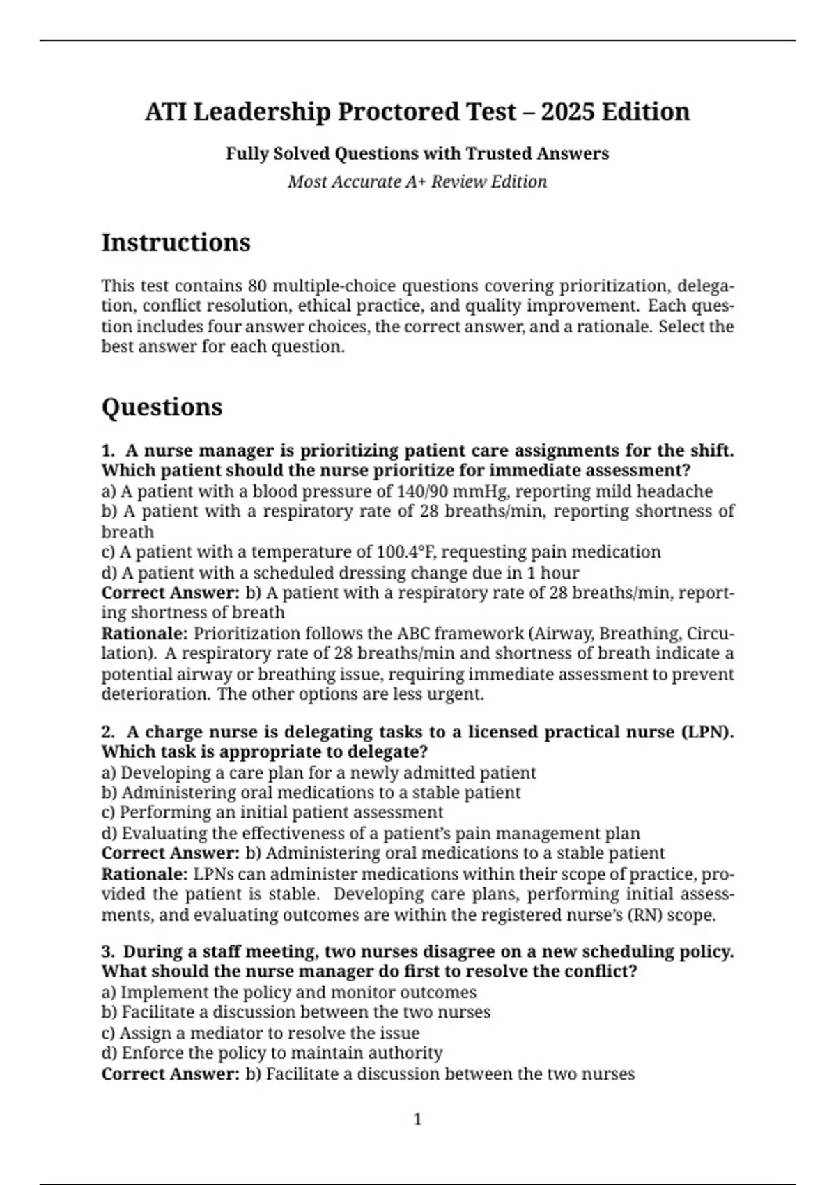 ATI Leadership Proctored Test – 2025 Edition Fully Solved Questions ...