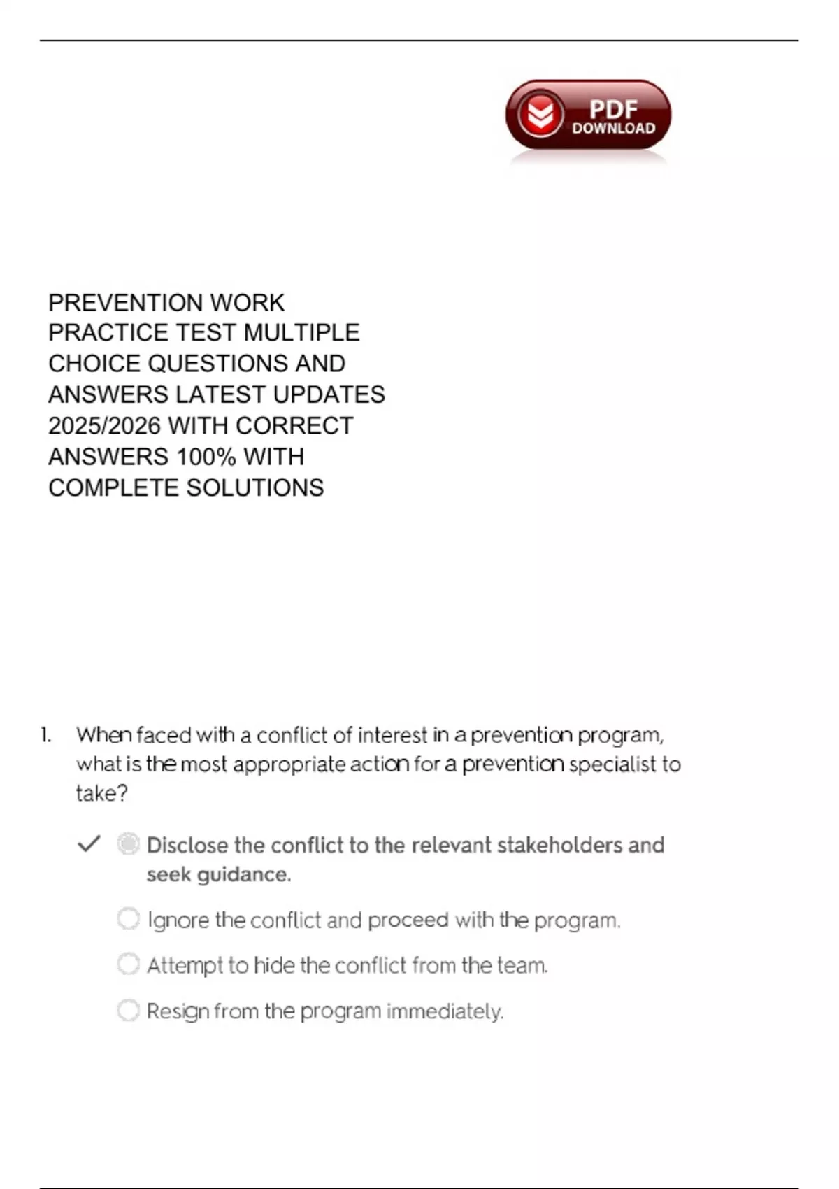 PREVENTION WORK PRACTICE TEST MULTIPLE CHOICE QUESTIONS AND ANSWERS ...