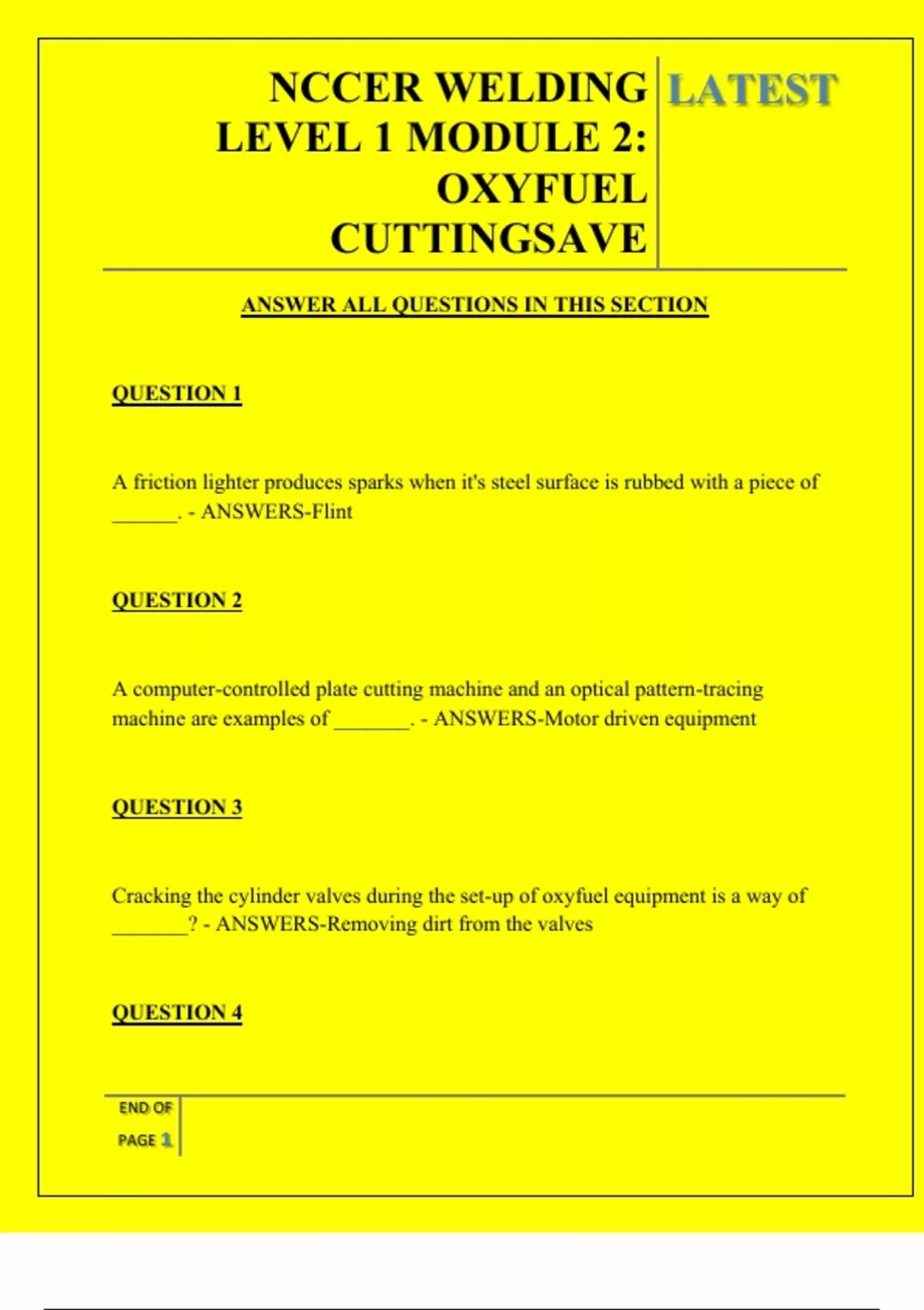 NCCER WELDING LEVEL 1 MODULE 2: OXYFUEL CUTTING QUESTIONS AND ANSWERS 2025 - NCCER WELDING LEVEL ...