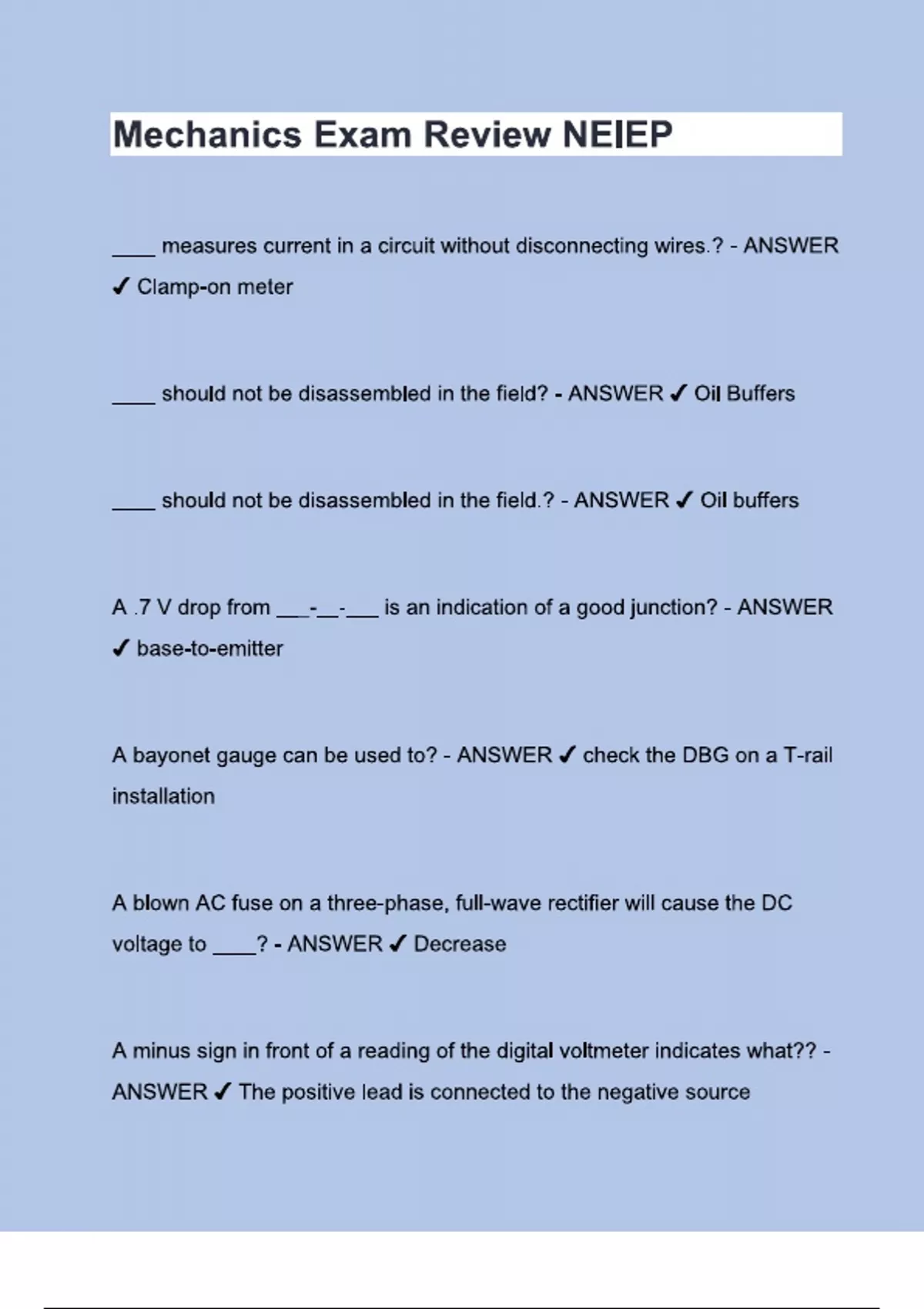 Mechanics Exam Review NEIEP: Verified Questions and Answers | 100% ...