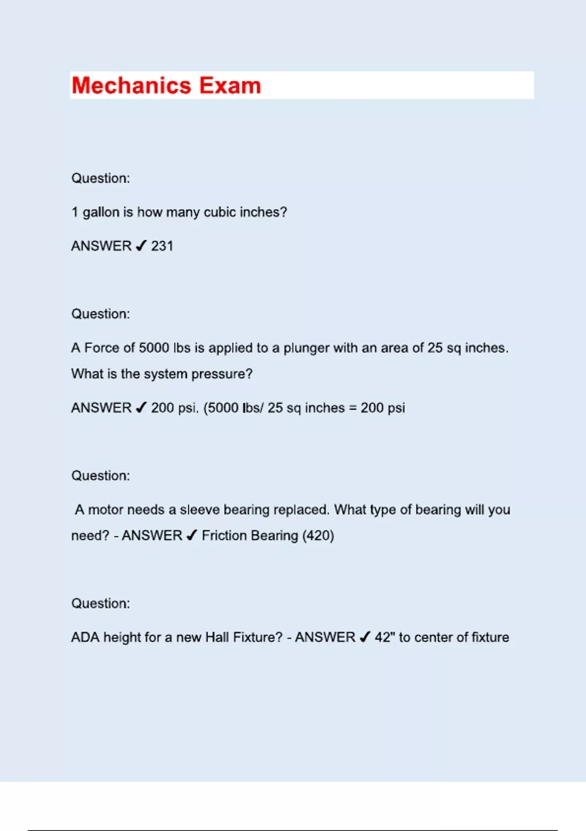 Mechanics Exam: Verified Questions and Answers | 100% Correct | A Grade ...
