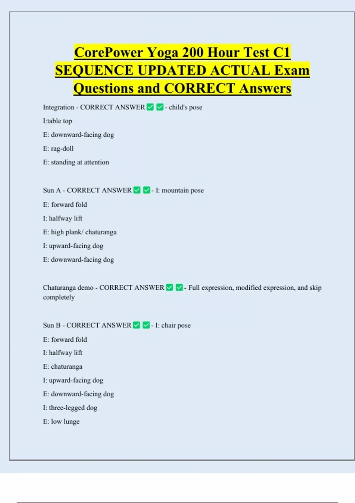 CorePower Yoga 200 Hour Test C1 SEQUENCE UPDATED ACTUAL Exam Questions ...