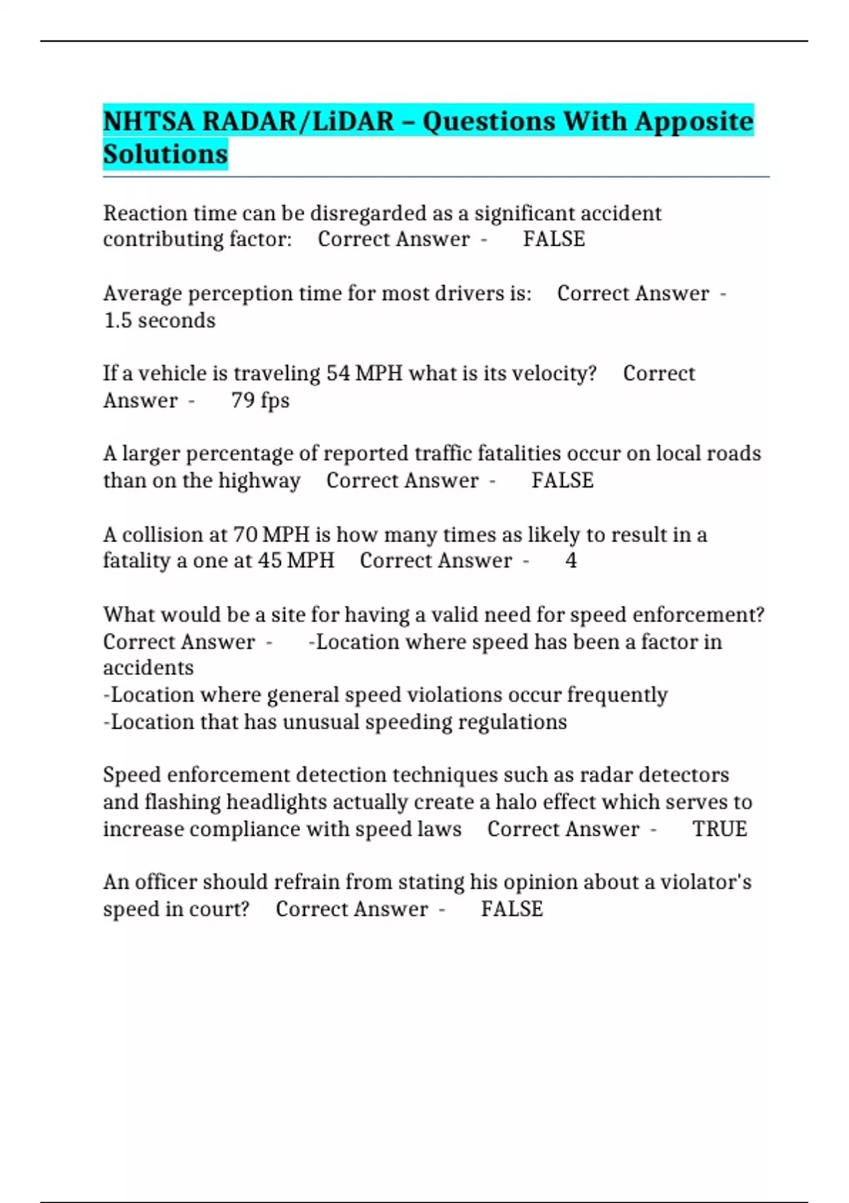 NHTSA RADAR/LiDAR – Questions With Apposite Solutions - NHTSA SFST ...