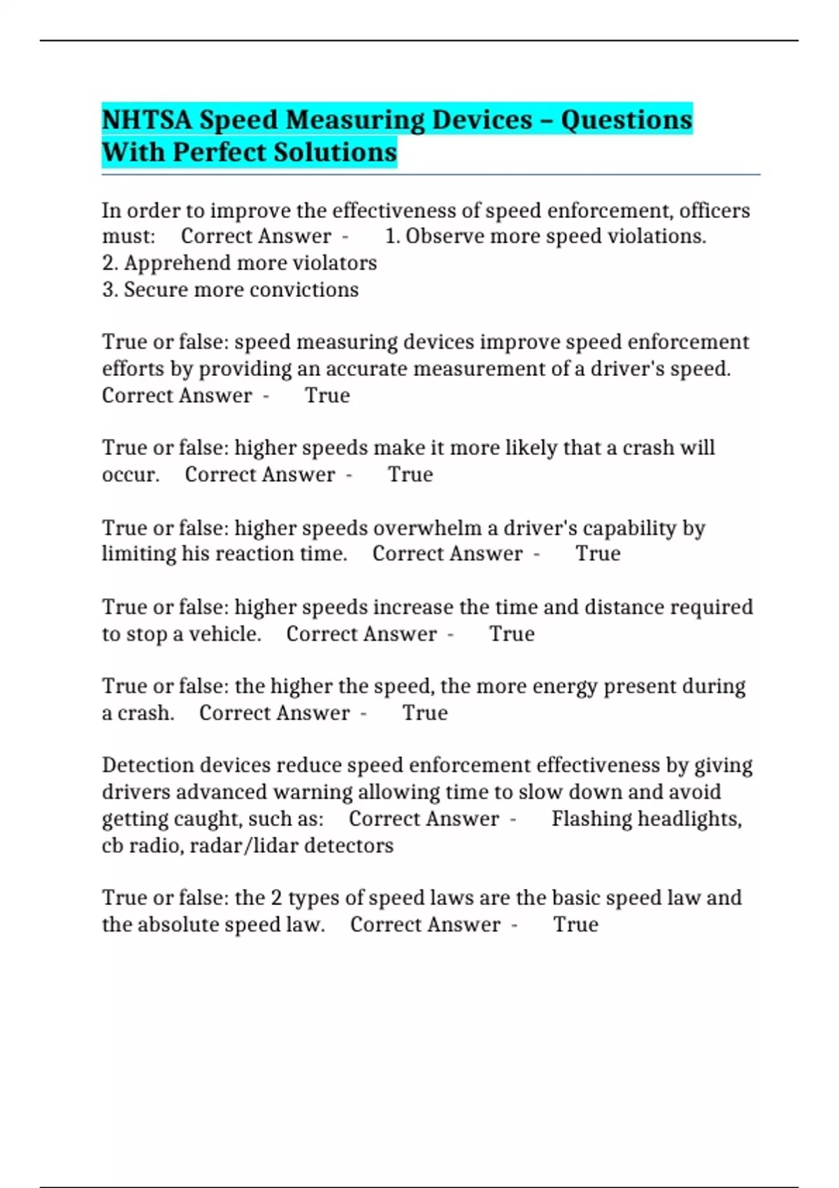 NHTSA Speed Measuring Devices – Questions With Perfect Solutions ...